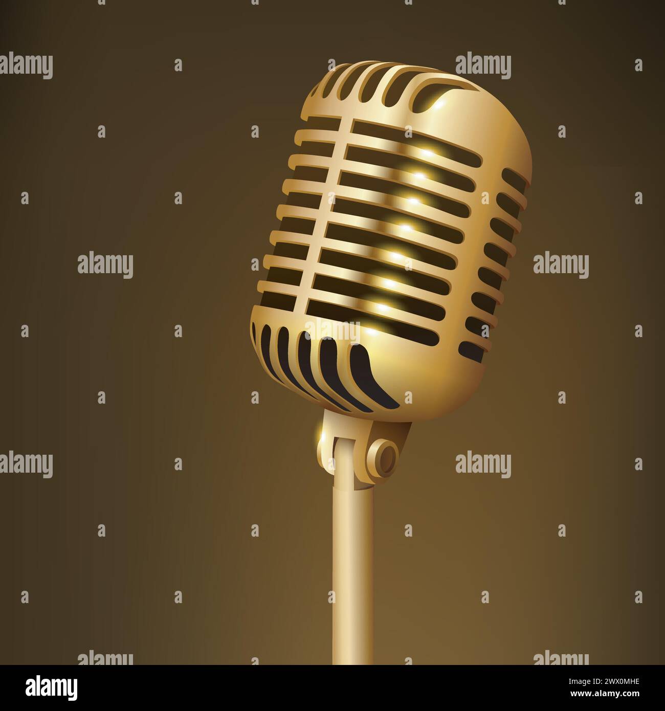 Vintage Golden Studio Microphone Isolated on Dark Background, Vector ...