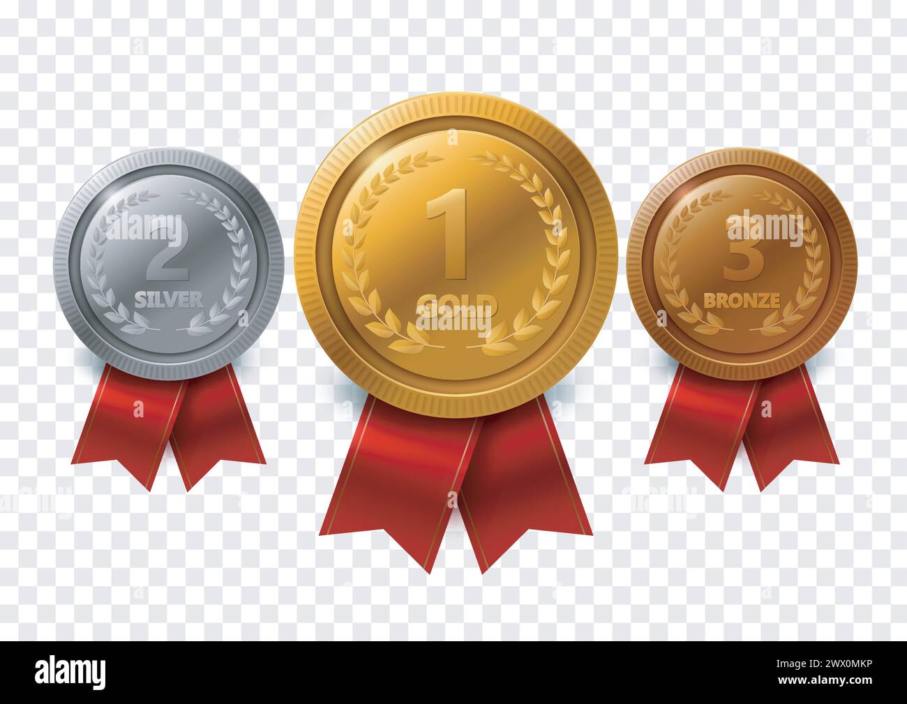 Silver and bronze award medals with red ribbons hi-res stock ...
