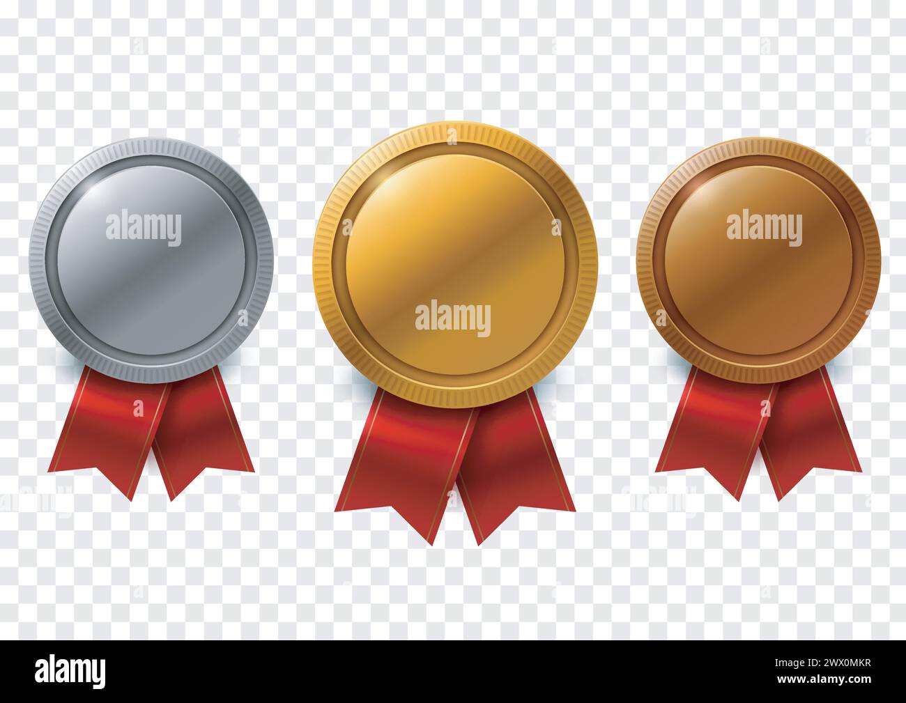Champion Gold, Silver and Bronze Award Medals with Red Ribbons Set ...