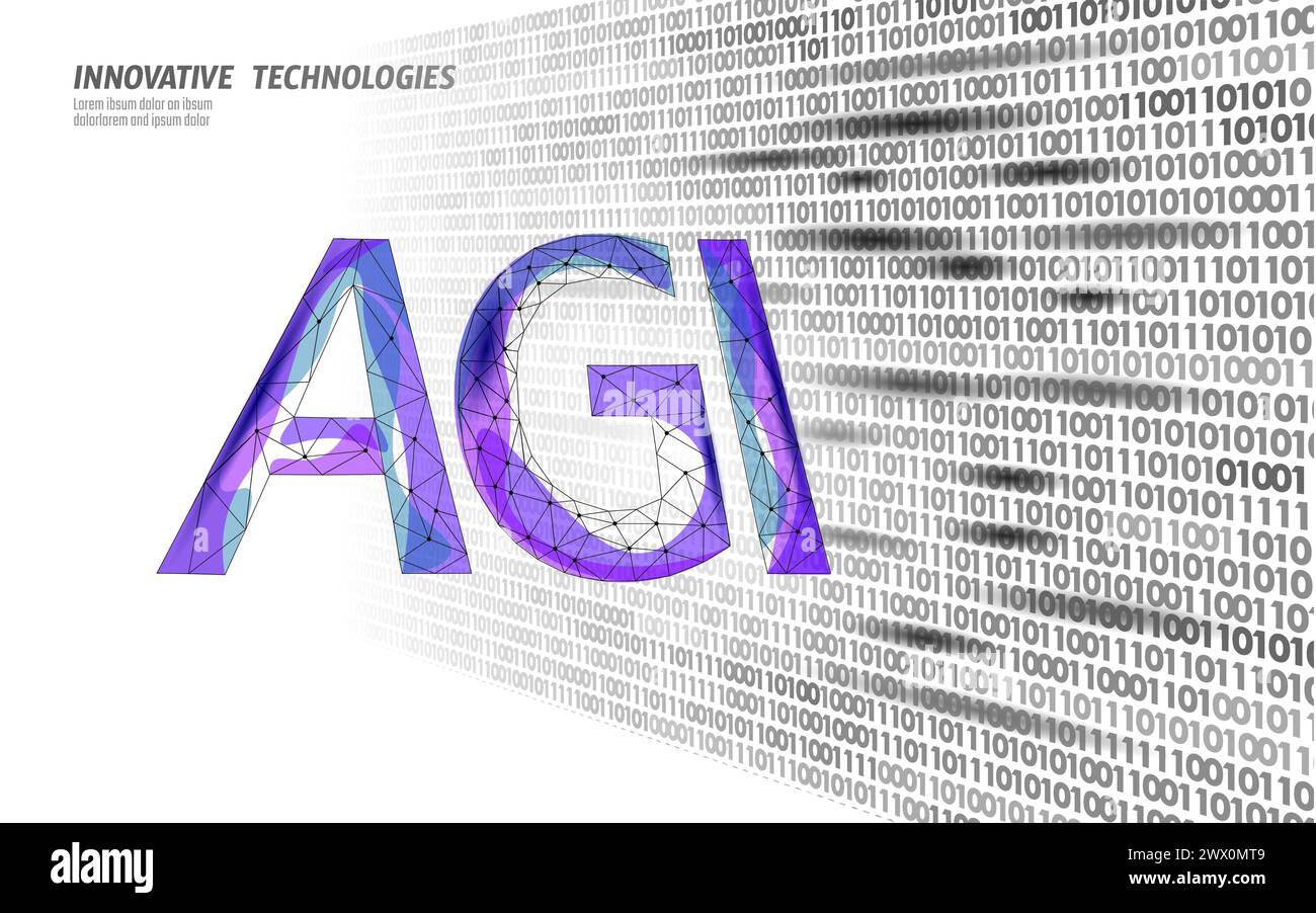 Artificial general intelligence wire letter symbols. Data binary code flow. Minimalist style AGI ...