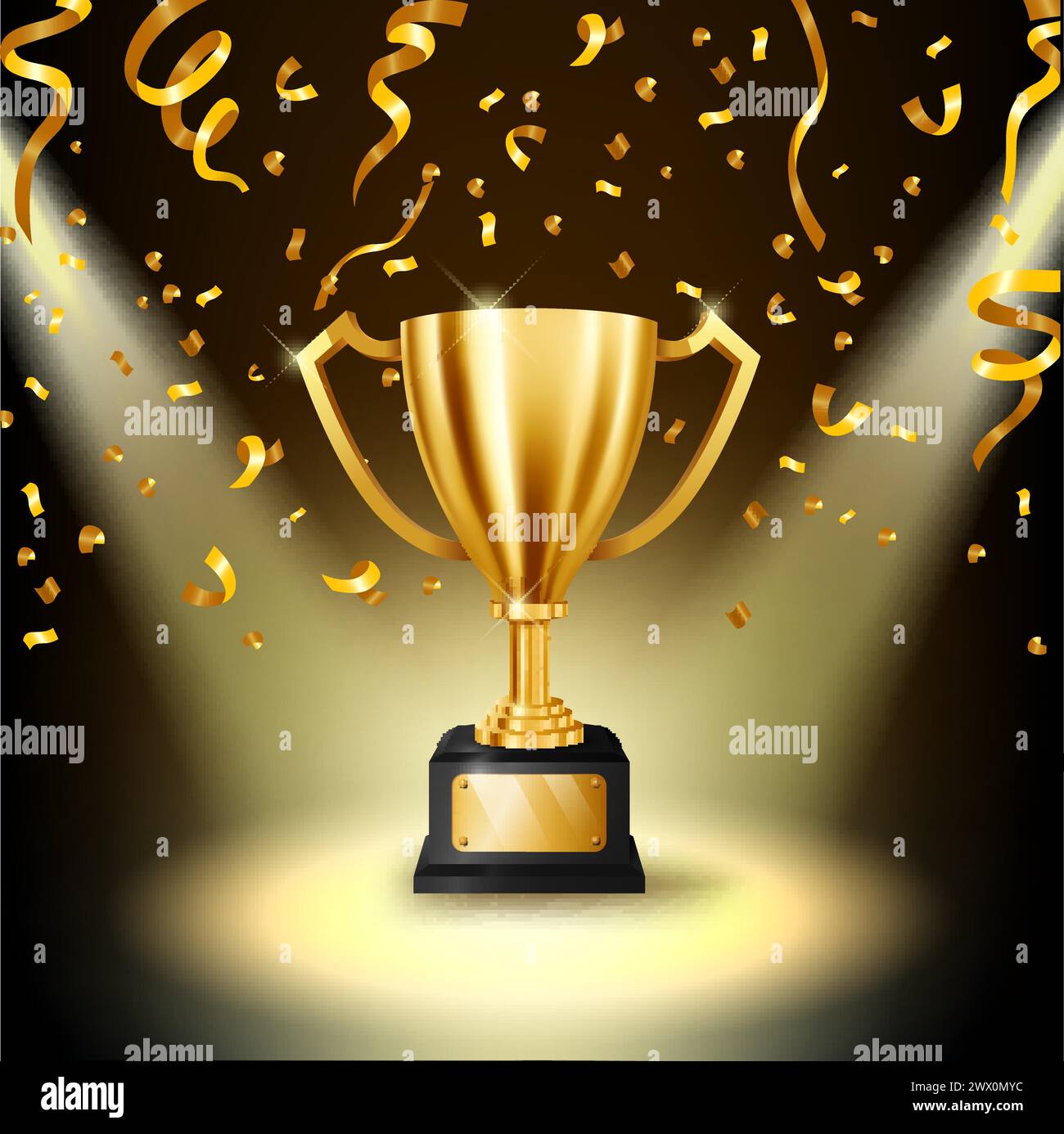 Realistic Golden Trophy Illuminated Spotlight with Falling Golden ...