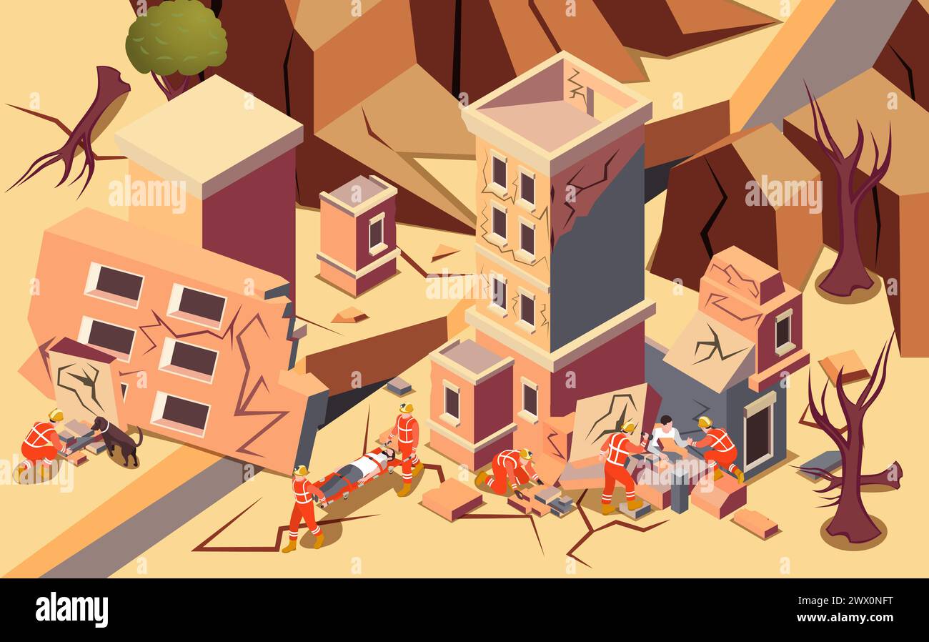 Earthquake disaster background with destruction and emergency symbols ...