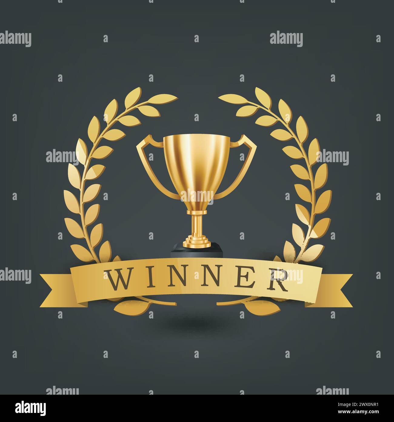 Realistic Golden Trophy with Gold Laurel Wreath and Winner Text on Gold ...