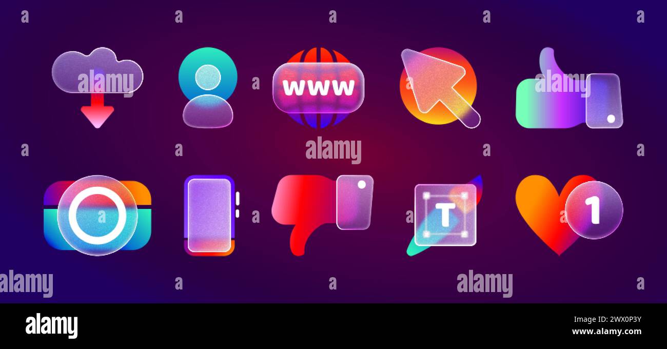 Realistic ui icons with blur neon gradient in glassmorphism style ... Realistic ui icons with blur neon gradient in glassmorphism style ...