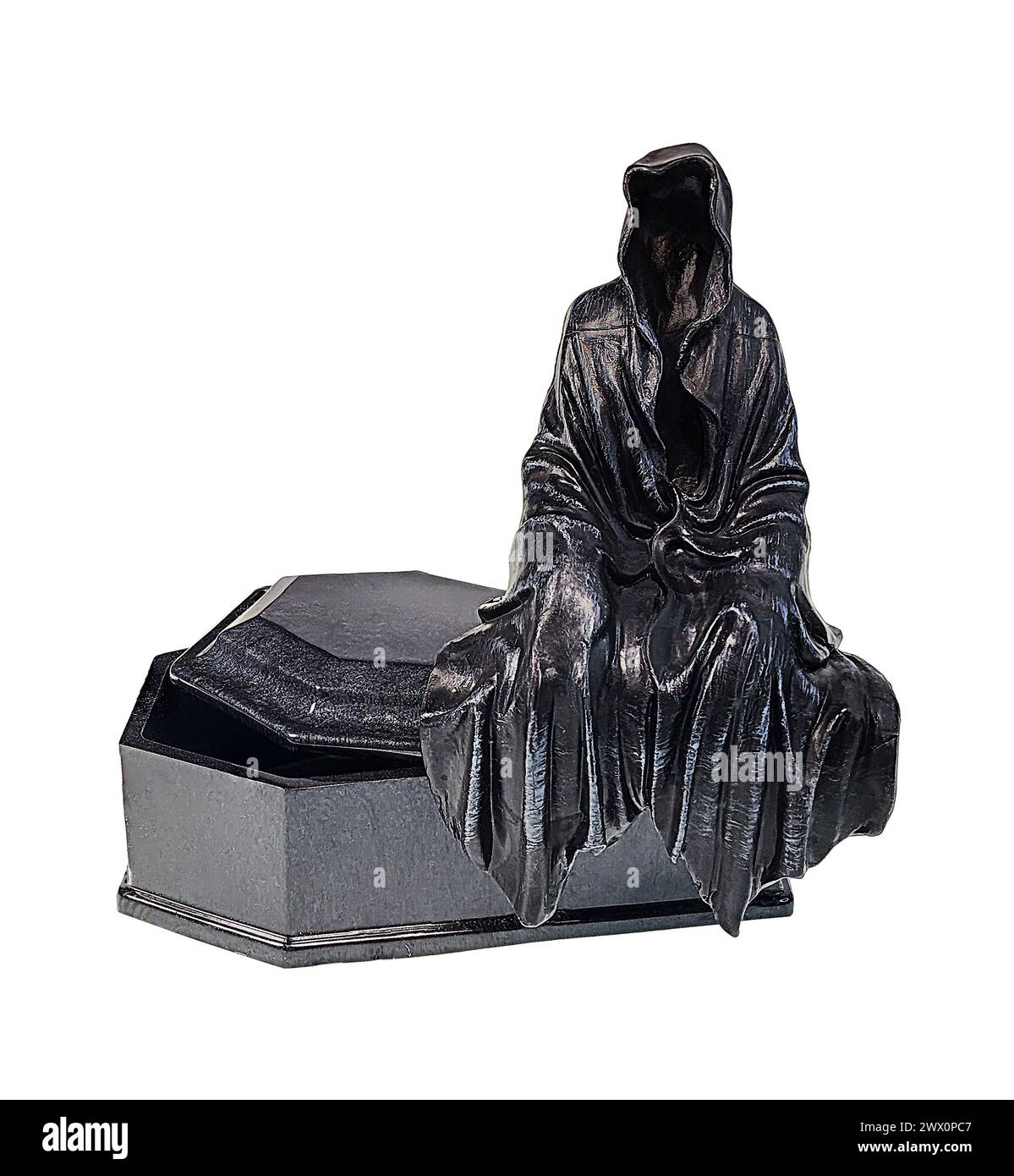 The impersonation of death as a figure sitting on an Open Plain Coffin ...