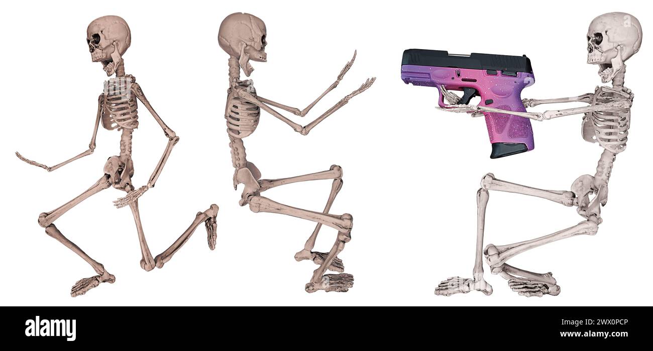 Skeleton threatening others with a purple gun Stock Photo - Alamy