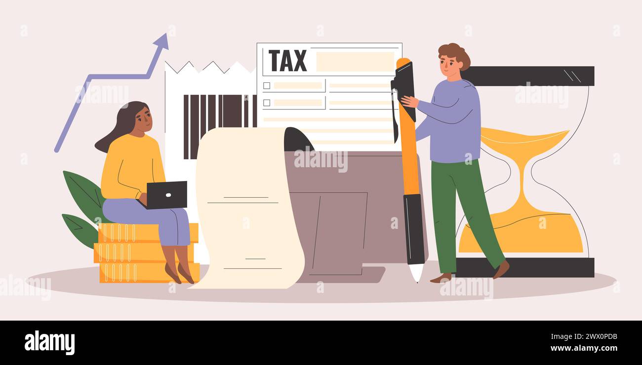 Tax pay flat composition with people filling taxing form vector ...