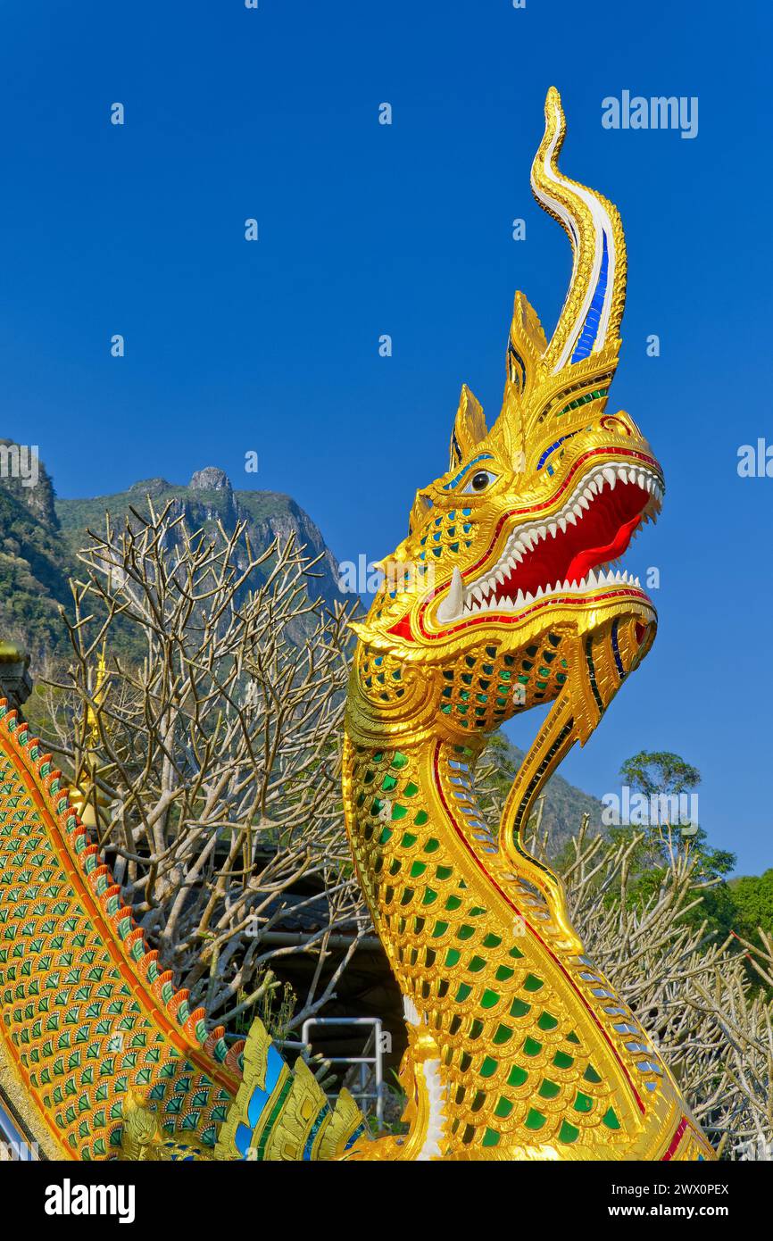 Gold Naga guardian serpent creature at Wat Tham Pha Plong with ...