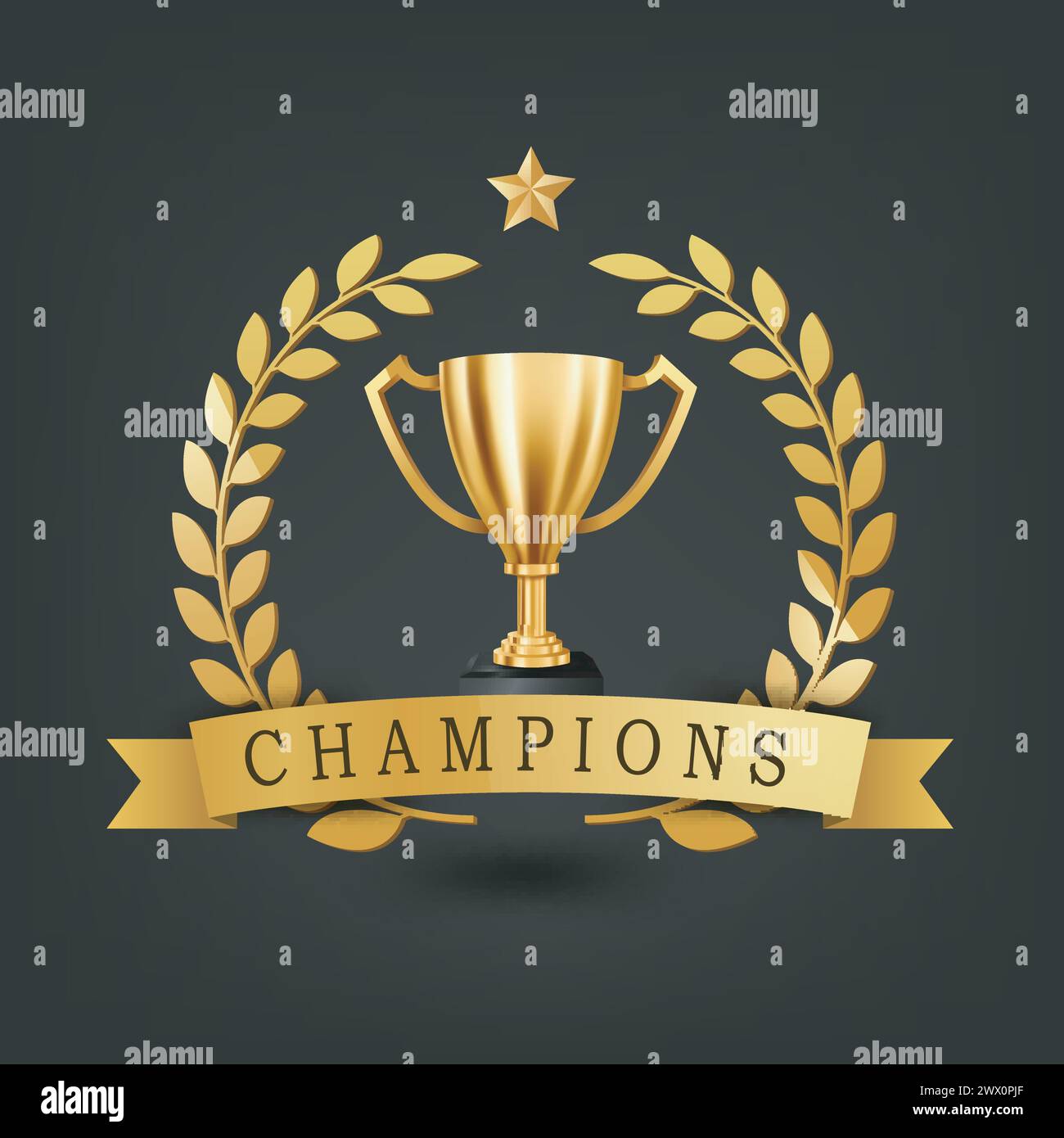 Realistic Golden Trophy with Gold Laurel Wreath and Champions Text on ...