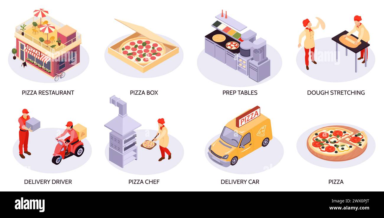 Isometric pizza set of isolated compositions with circle spots and ...