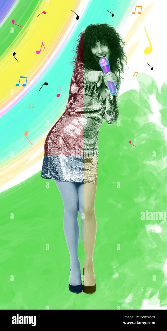 Singer's performance poster. Woman with microphone on bright background ...