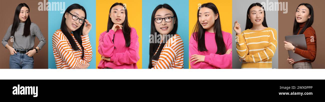 Collage with photos of Asian woman on different color backgrounds Stock ...