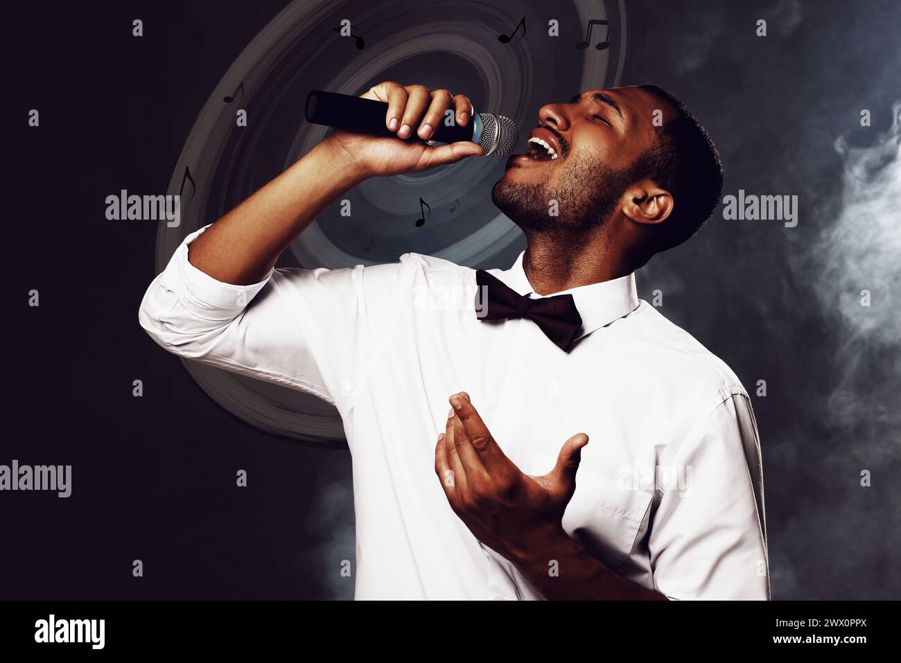 Singer's performance poster, stylish design. Man with microphone on ...