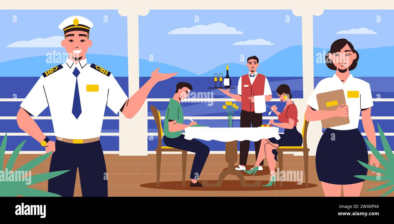 Ship crew flat composition with captain and passengers on deck vector ...