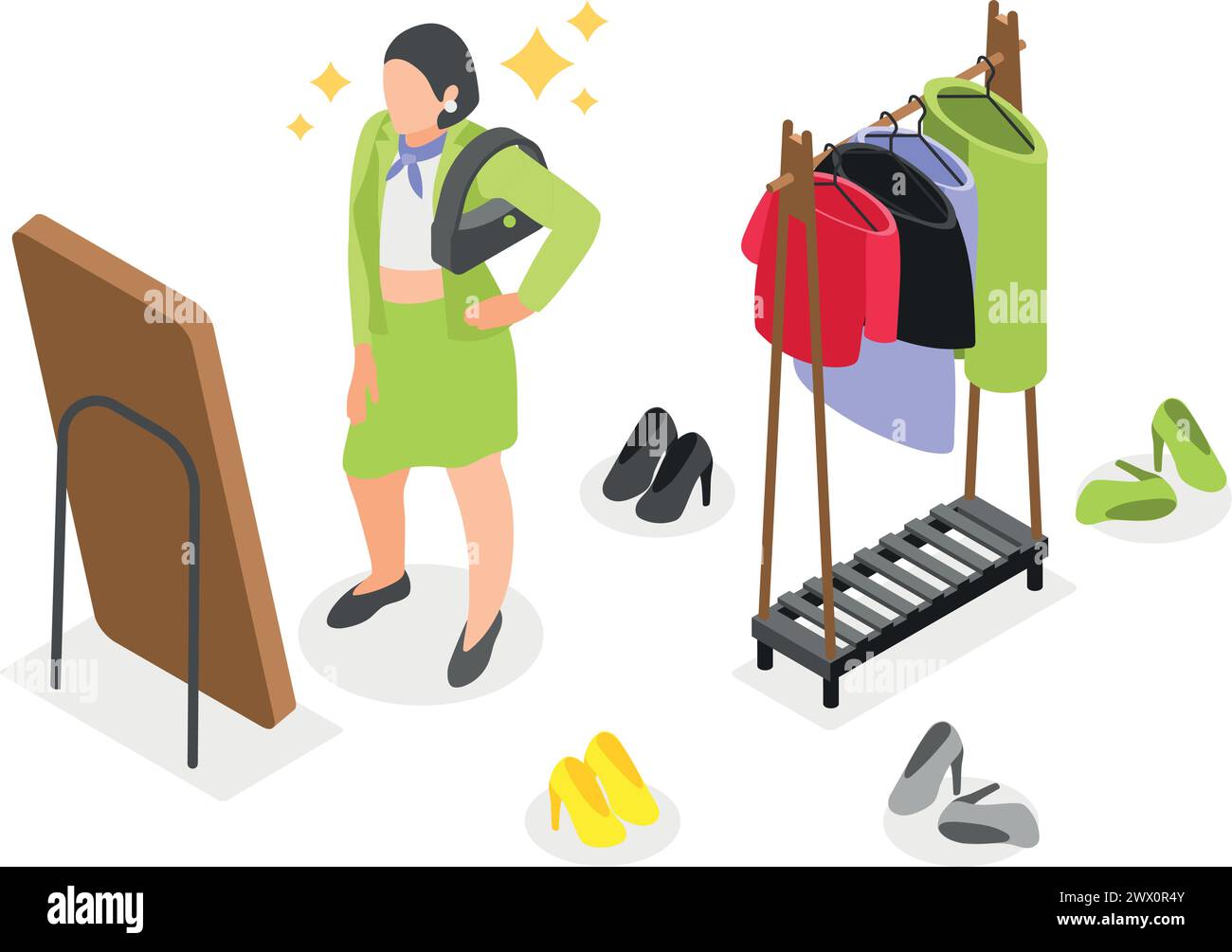 Spring wardrobe isometric composition with woman choosing clothes ...