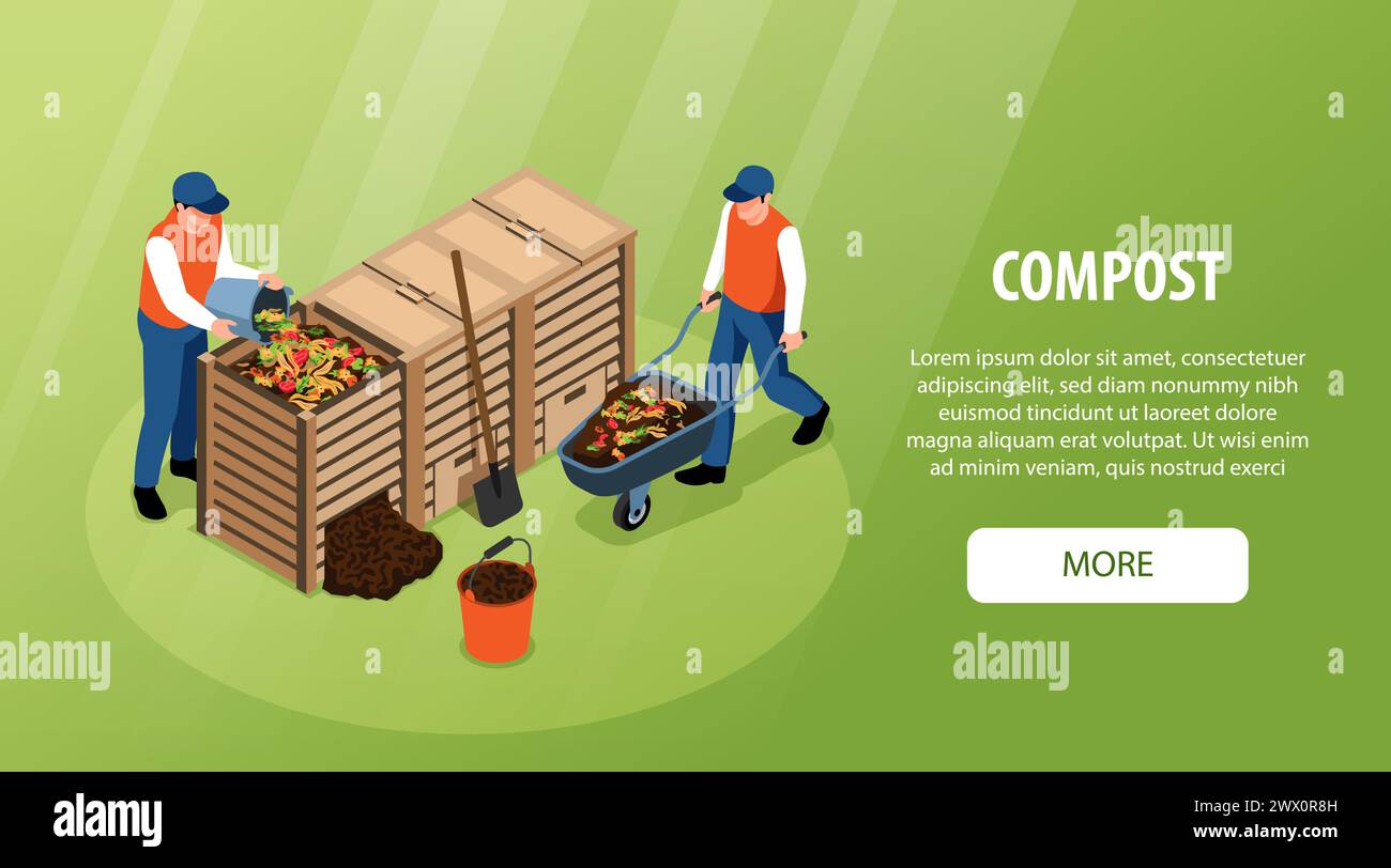 Men collecting waste to make compost in wooden boxes isometric ...
