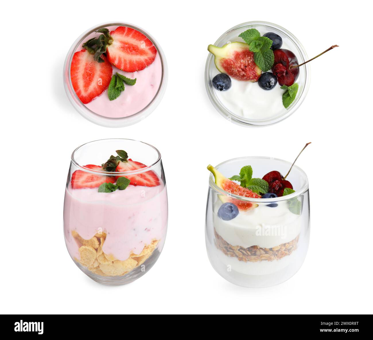 Different delicious yogurts in glasses isolated on white, top and side ...