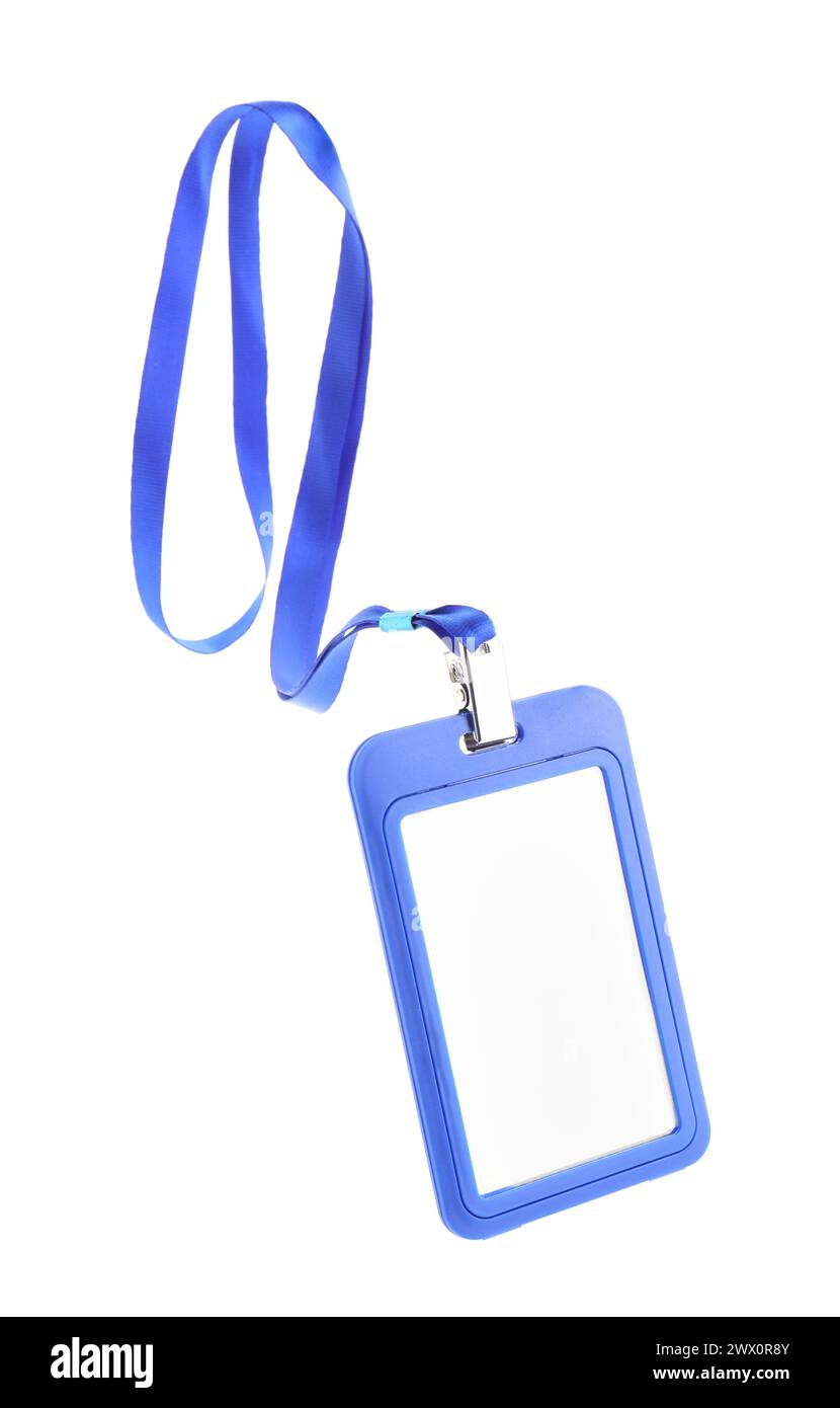 Blank blue badge with string isolated on white Stock Photo - Alamy