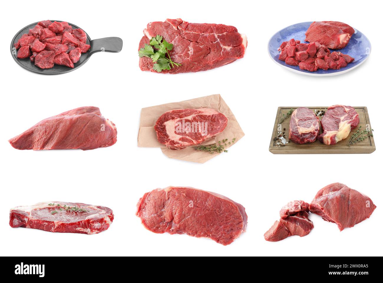Many different fresh beef meat pieces isolated on white, set Stock ...