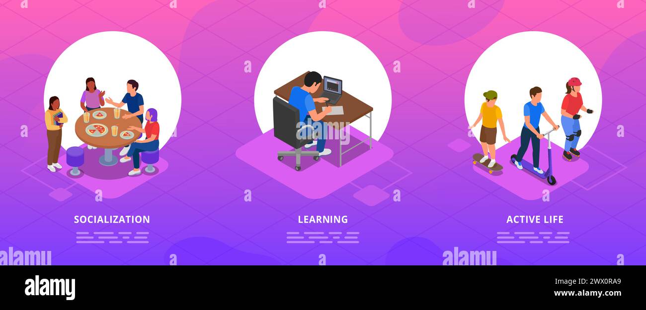 Teenagers composition set with active life symbols isometric isolated ...