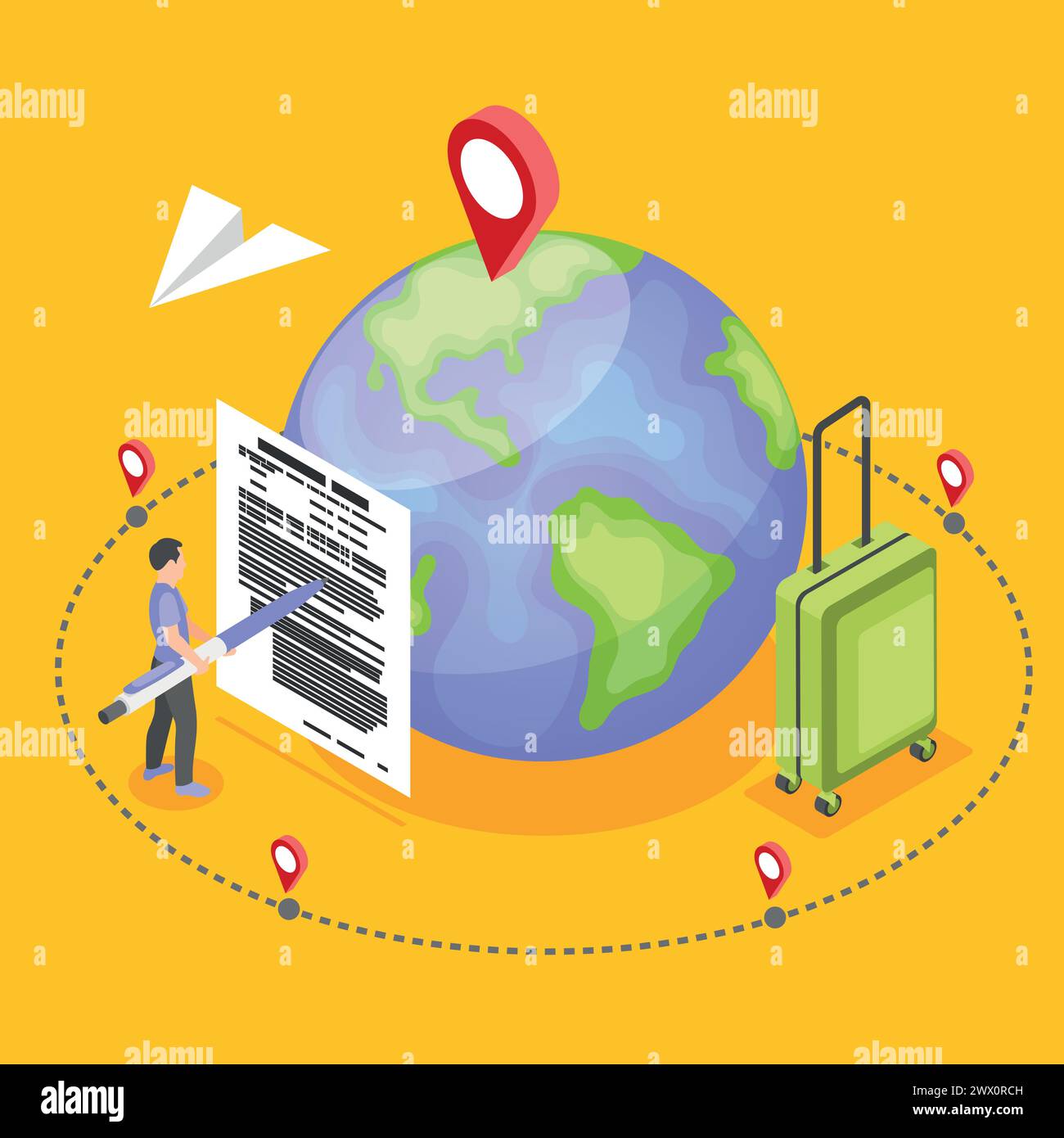 Work migration isometric concept on yellow background with man getting ...