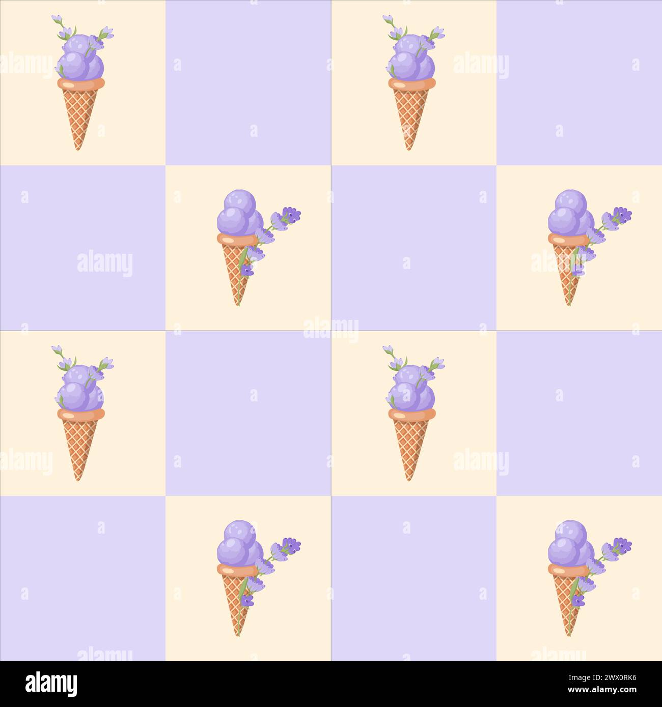 Lavender ice cream. Three scoops of creamy sweet dessert in a waffle ...