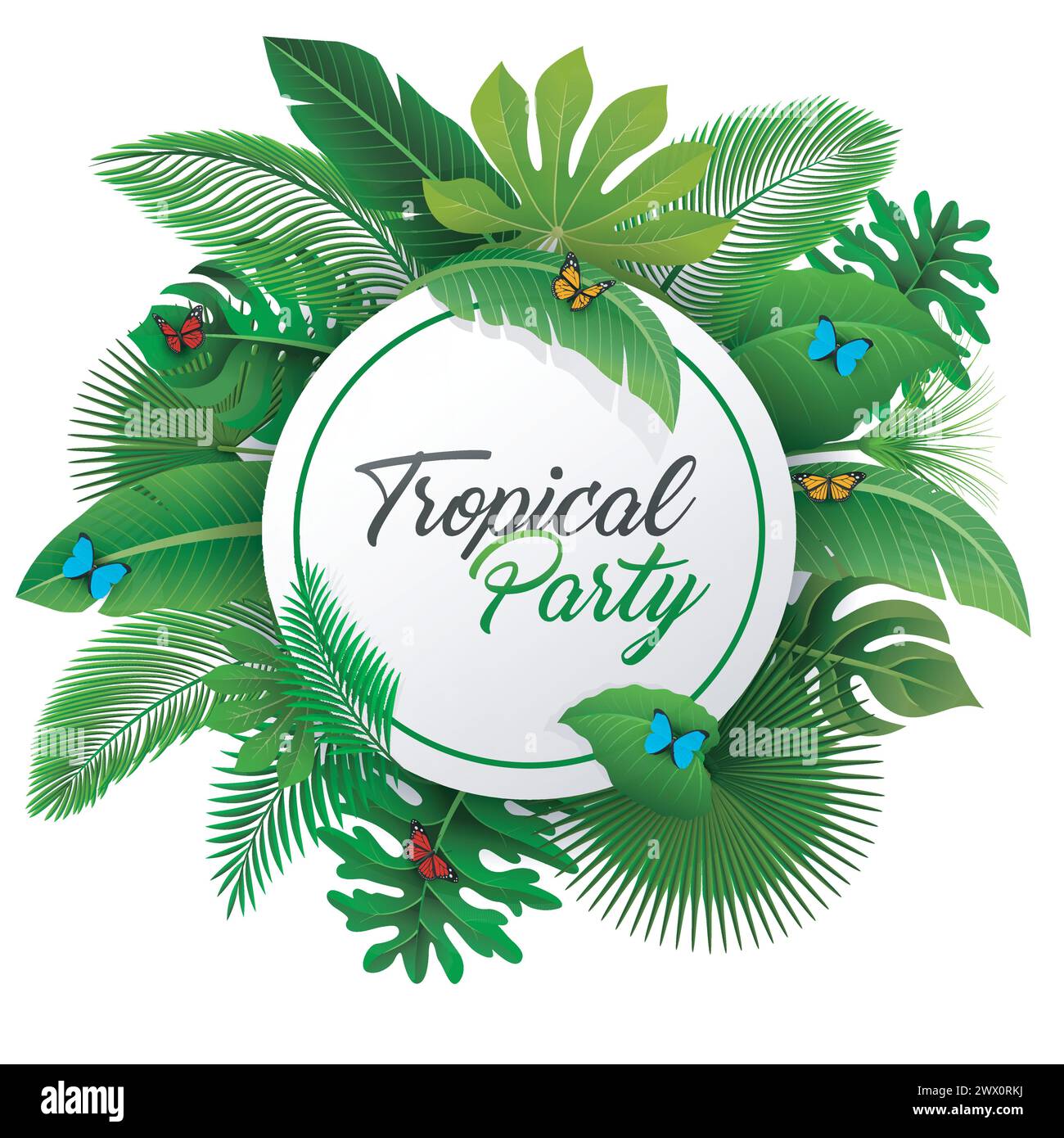 Tropical Party Sign with Tropical Leaves and Butterflies. Suitable For ...