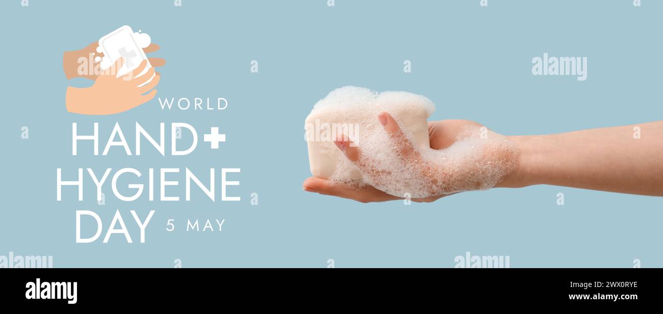 Female hand with soap bar on blue background. Banner for World Hand ...