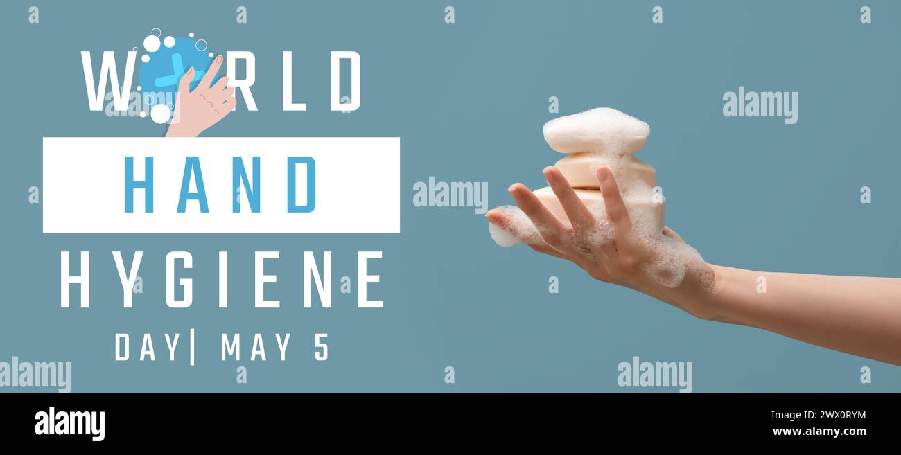 Female hand with soap bars on blue background. Banner for World Hand ...