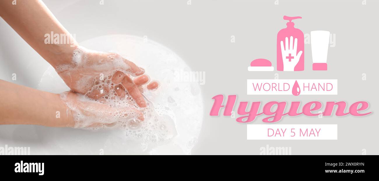 Woman washing hands with soap in sink. Banner for World Hand Hygiene ...