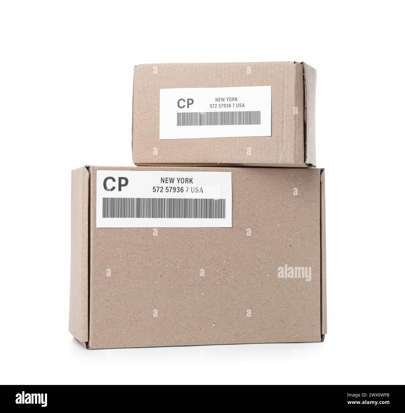 Cardboard packages with shipping labels and barcodes on white ...