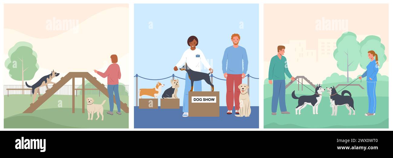 Dog breeder business flat set of square compositions with people and ...