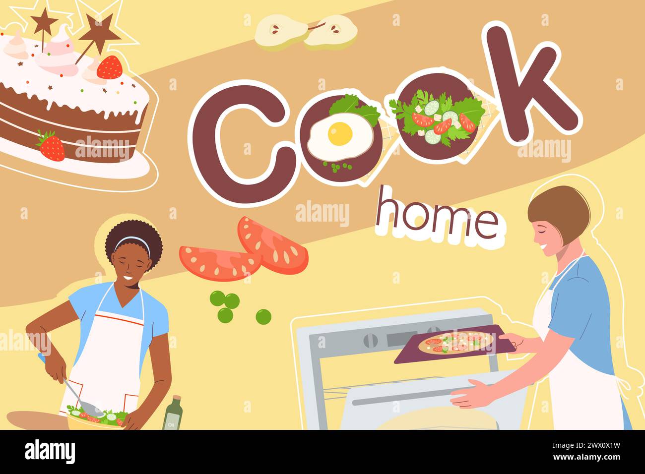 Cook home composition with collage of flat food icons with female ...