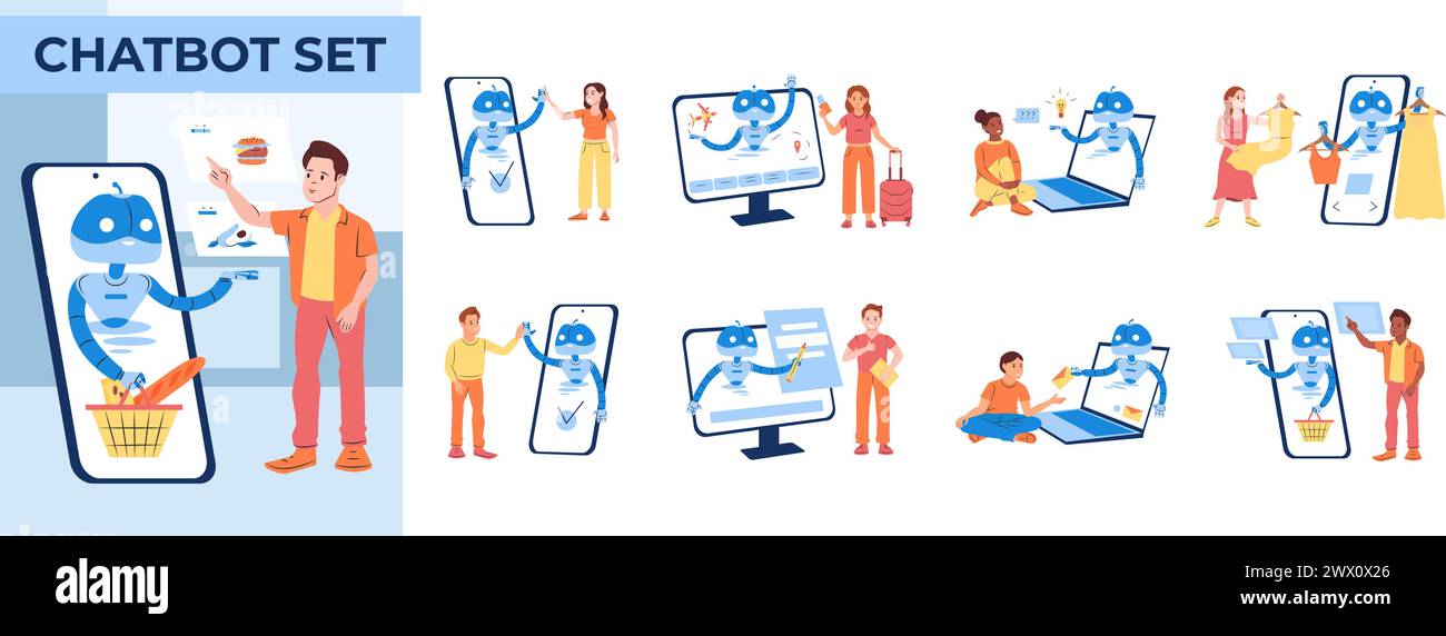 People using chatbot customer service flat composition set isolated on ...
