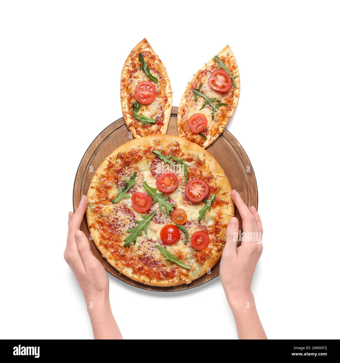 Easter tasty pizza with bunny ears isolated on white background Stock ...