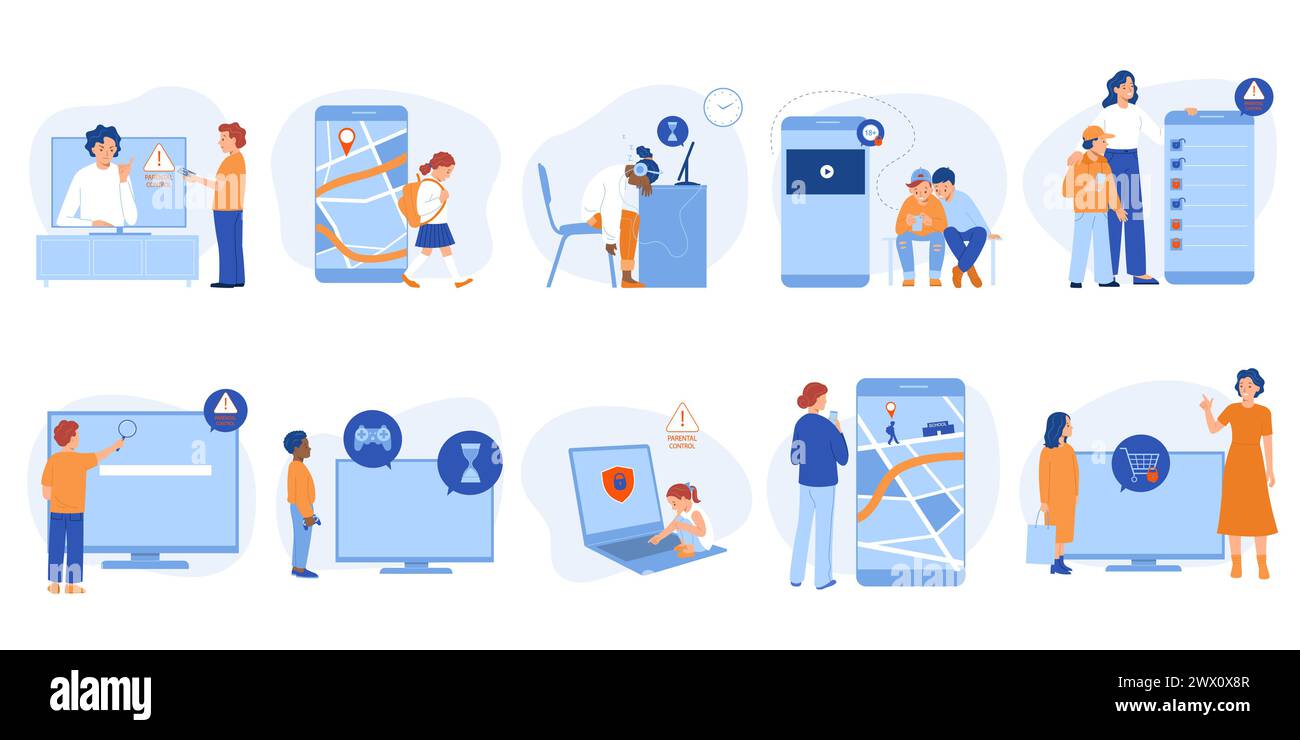 Flat set of gadgets with set up parental control and characters of ...