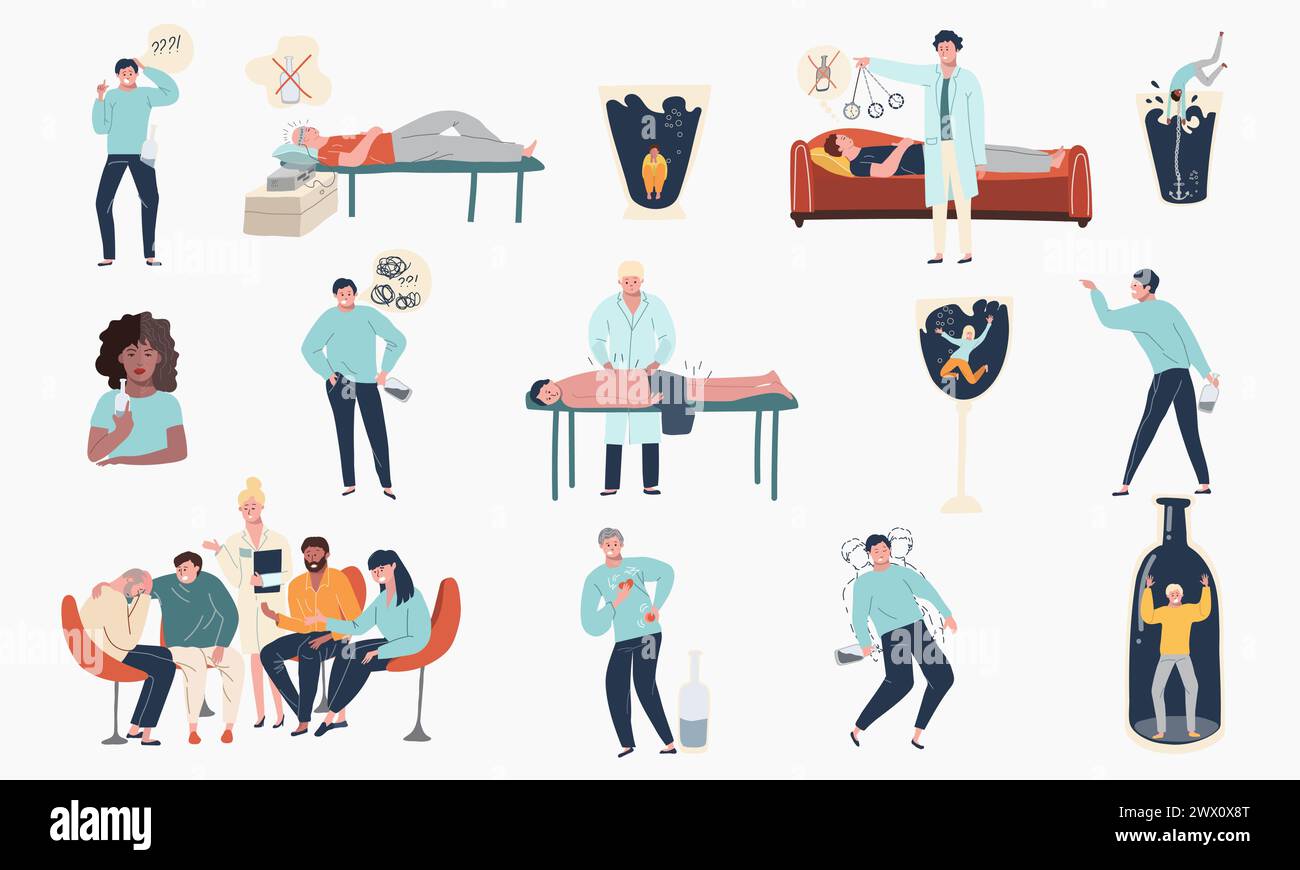 Alcoholism treatment flat set of isolated icons with people getting rid ...