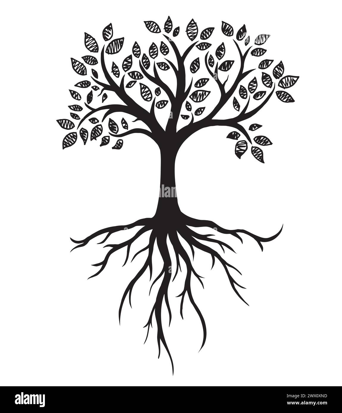 Tree Symbol with Roots, Real Hand Drawing, Vector Illustration Stock ...
