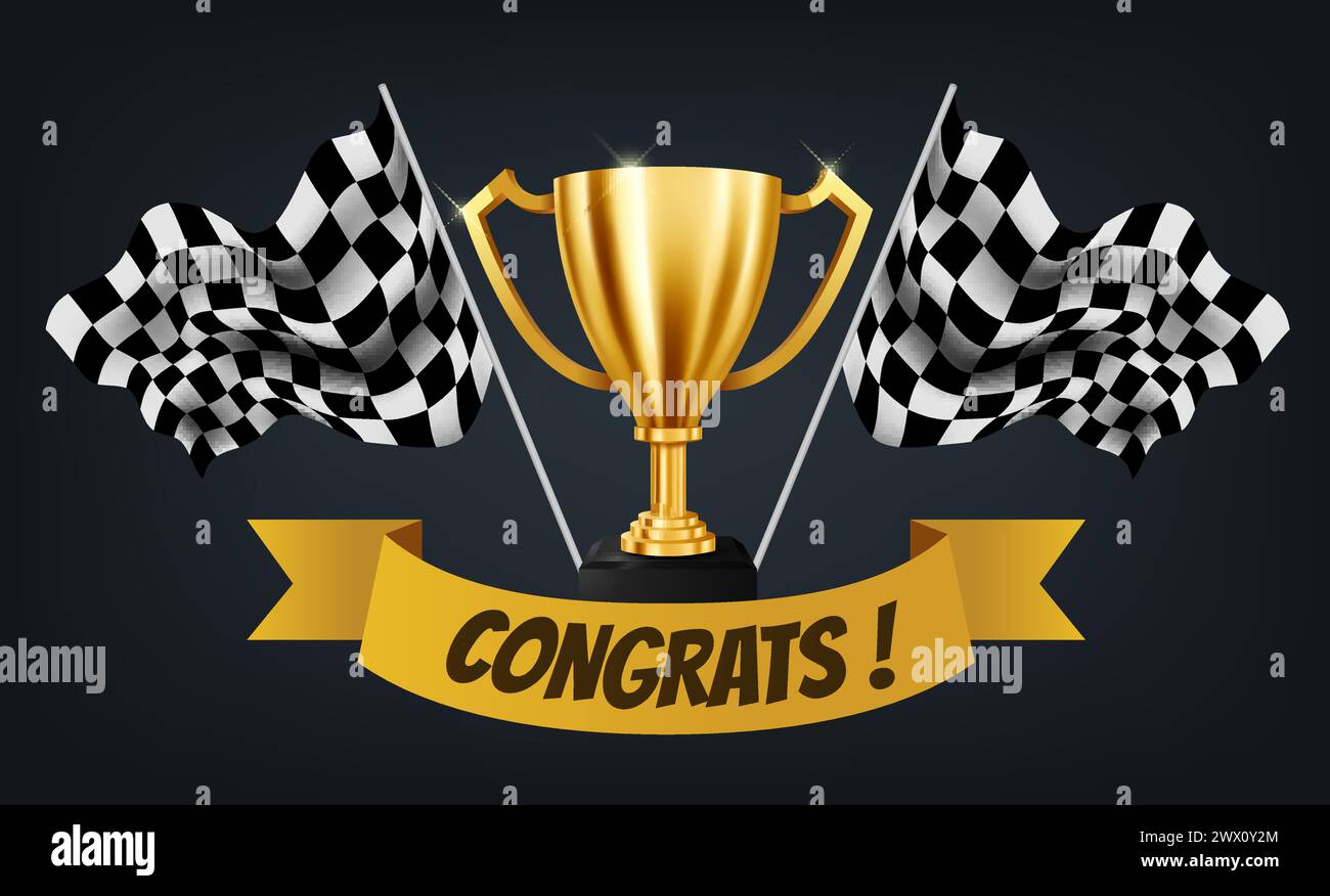Realistic Golden Trophy with Checkered Flag Racing Championship ...