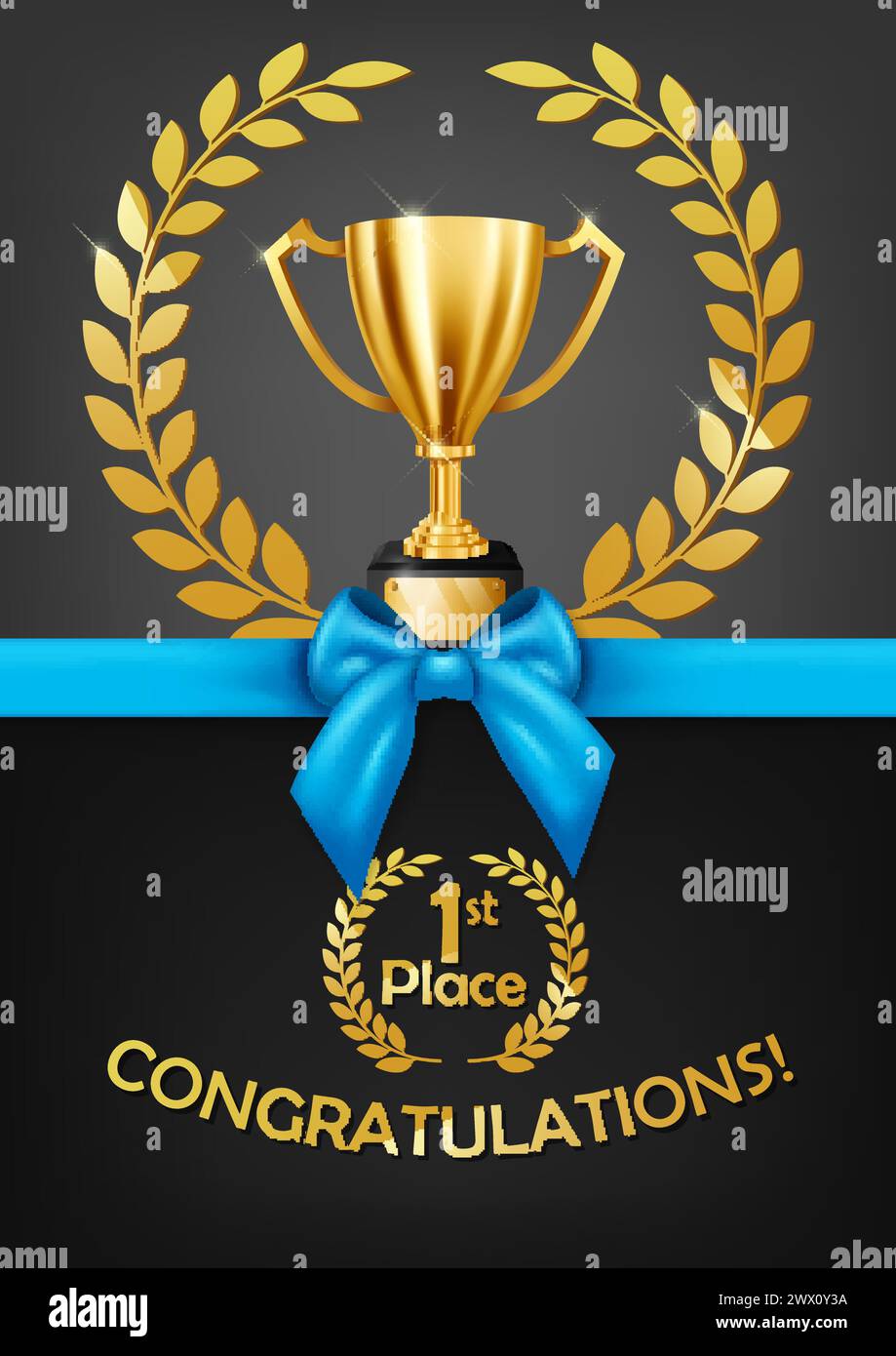 Congratulations Greeting Card with Blue Bow and Golden Trophy, Vector ...