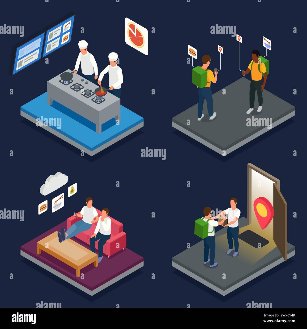 Cloud kitchen set with application symbols isometric isolated vector ...
