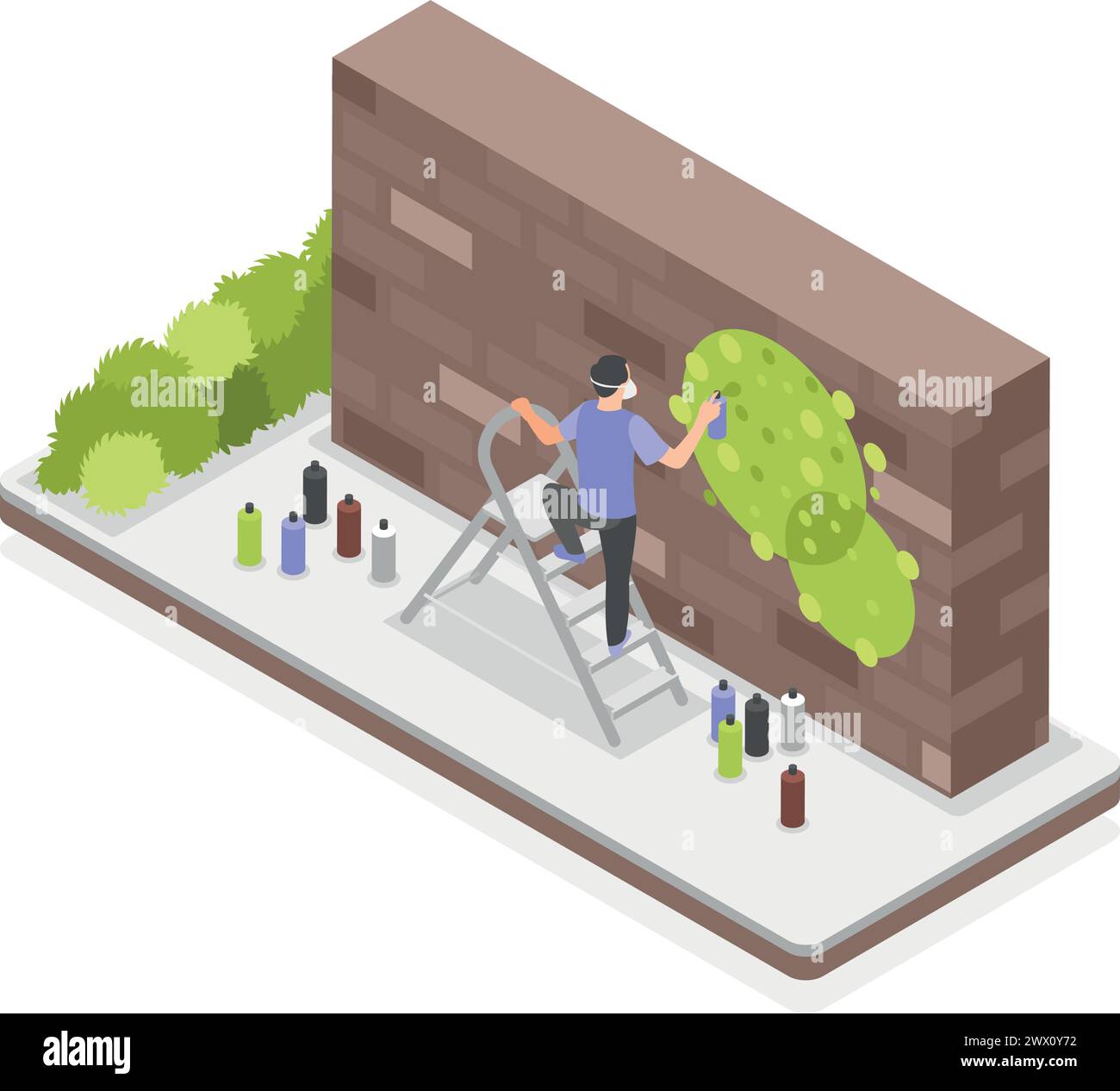 Man street artist using folding metal ladder to paint graffiti on brick ...