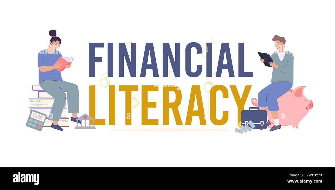 Financial literacy text with woman and man reading book and articles on ...