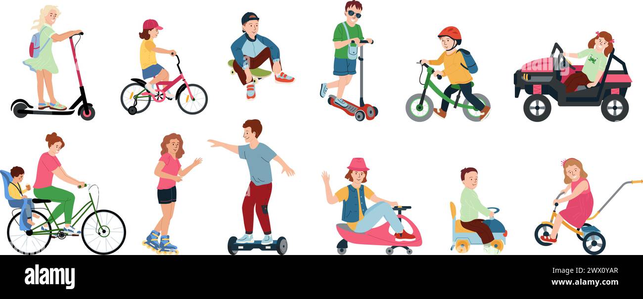 Children on toy vehicles flat set of isolated icons with teenage boys ...