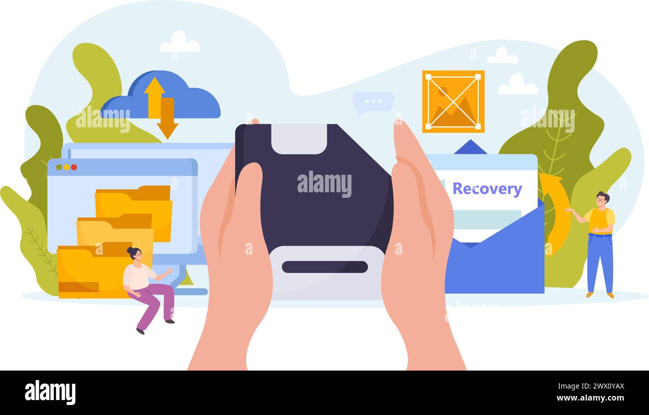 Flat Concept Of Backup And Data Recovery With Folders And Cloud Storage