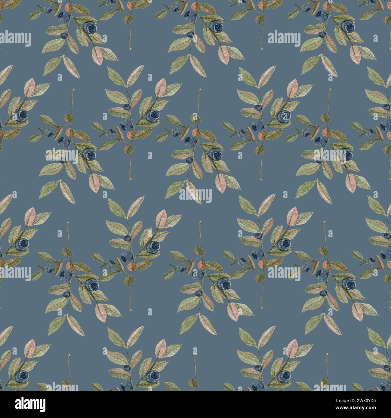 Blueberry sprig watercolor seamless pattern on grey blue Stock Photo ...