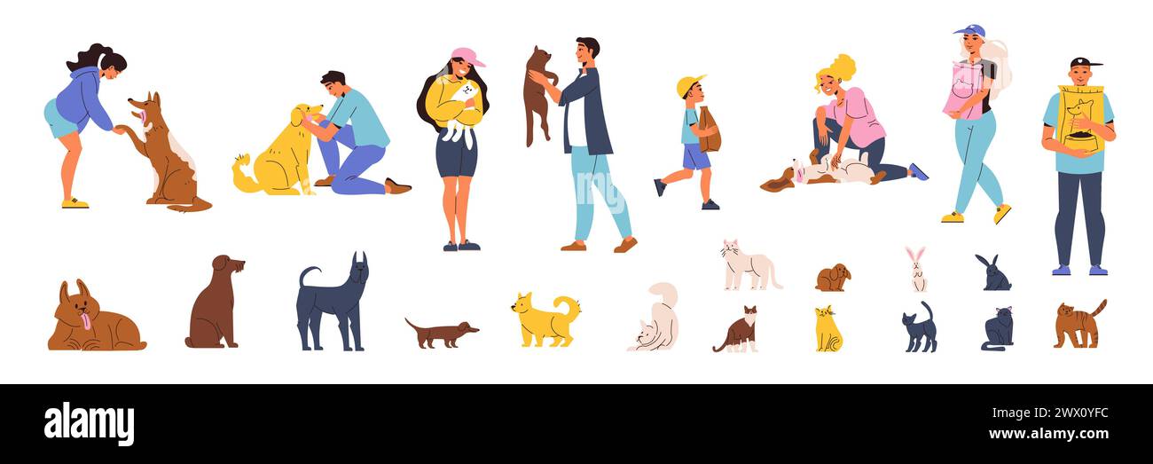 Pet shelter flat set of animals and people hugging them and helping ...