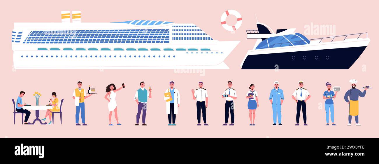 Ship sailor flat icons set with cruising crew members isolated vector ...