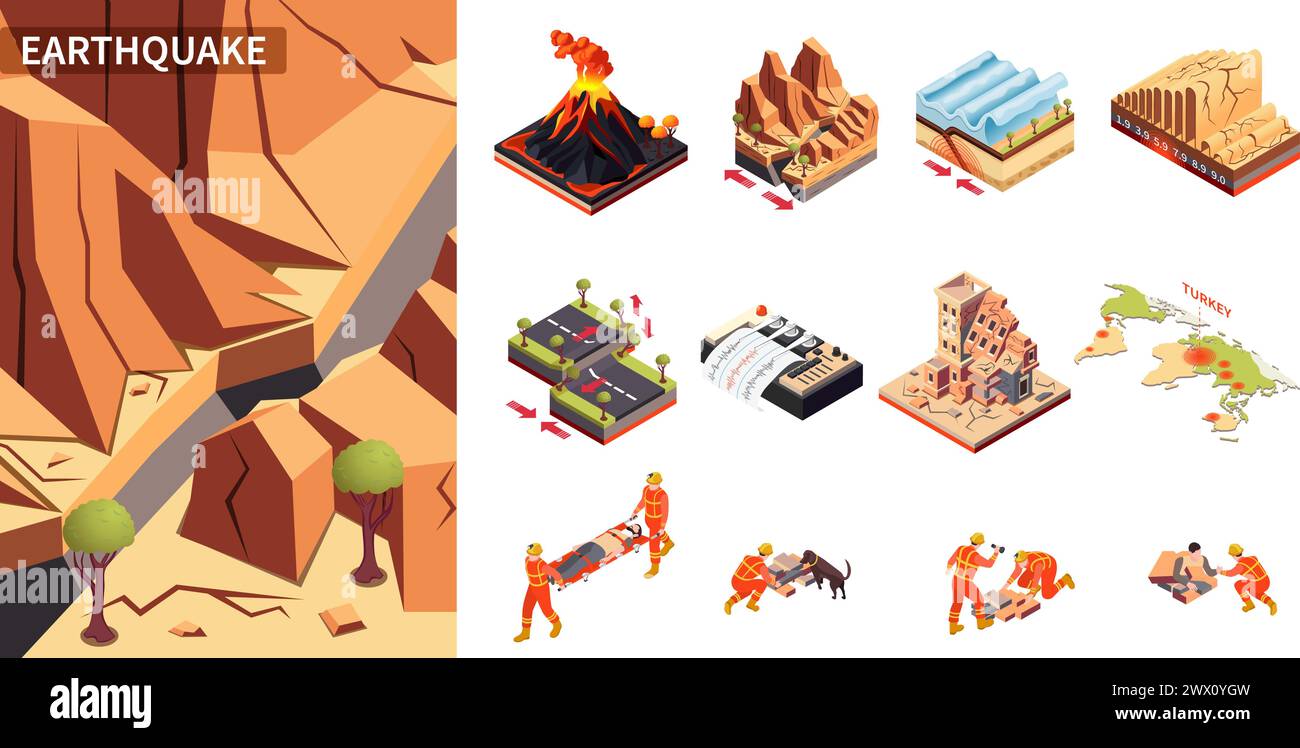 Earthquake disaster composition with volcanic eruption and tectonic ...