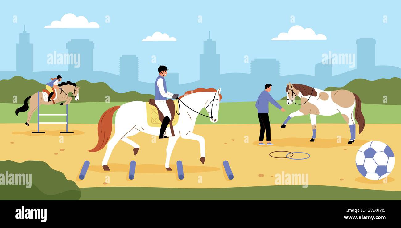 Equestrian sports flat background with people training horses ...